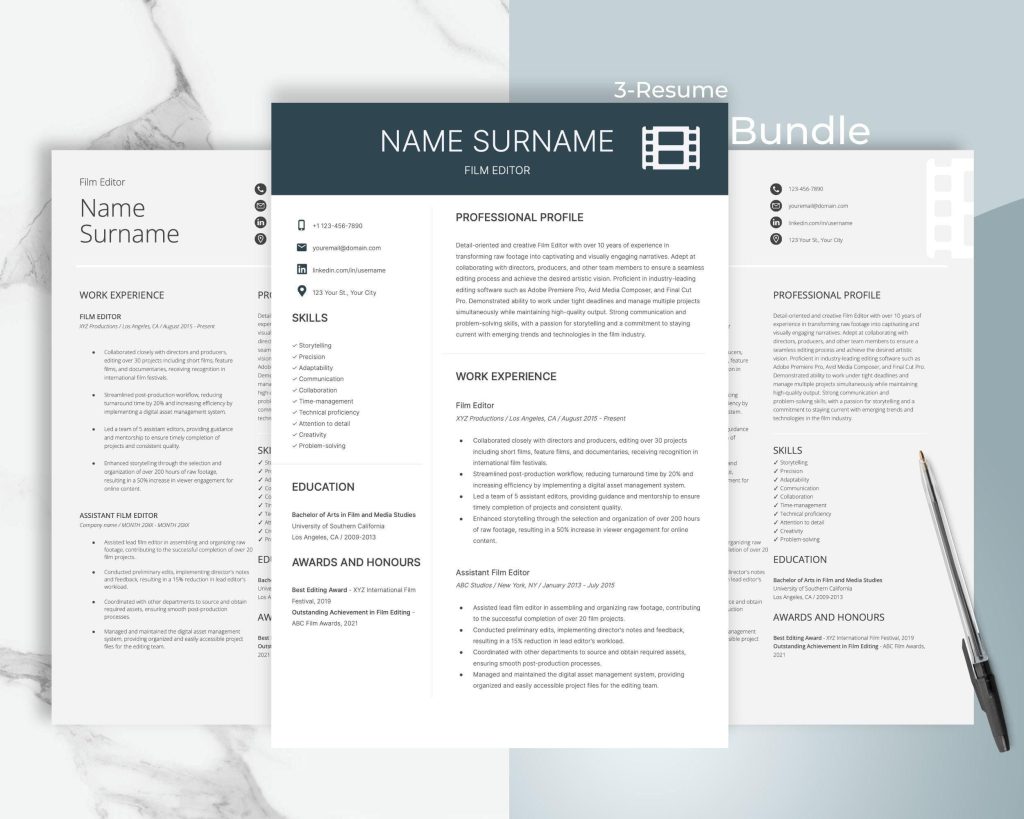 Creative Resume Template Bundle For Film Editor - CV Templates Made In ...